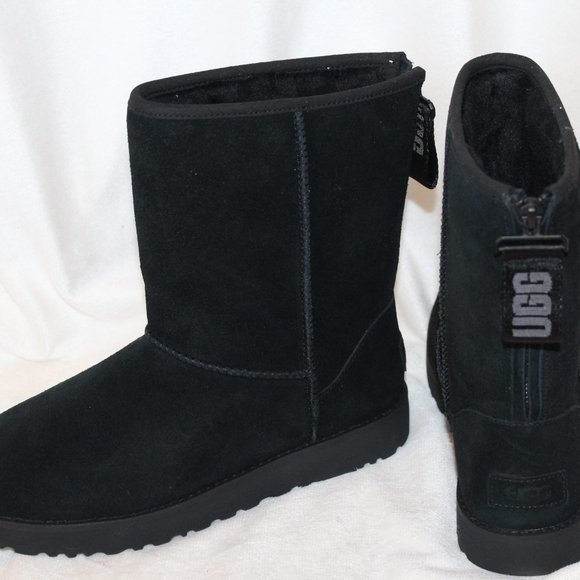 UGG | Shoes | Nib Ugg Womens Classic Short Logo Zip Suede Shearling Boots Black | Poshmark